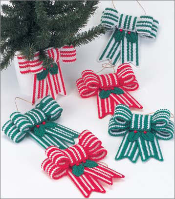 "Candy Cane Bow Ornaments" | Plastic Canvas Pattern