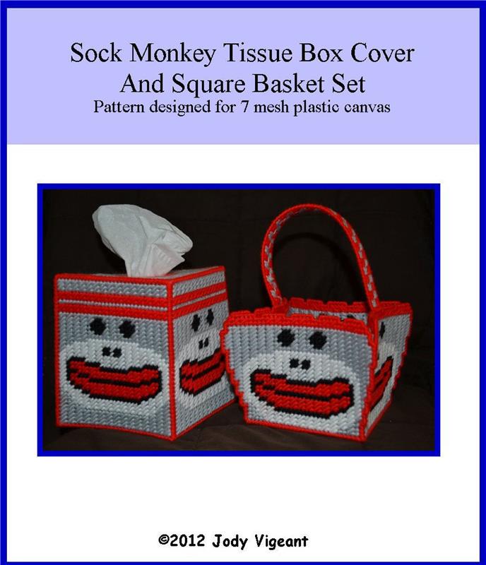 "Sock Monkey Tissue Box Cover and Square Basket Set"