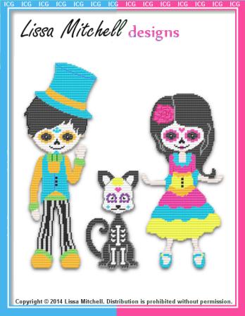 "Sugar Skull Kids & Cat" | Plastic Canvas Pattern