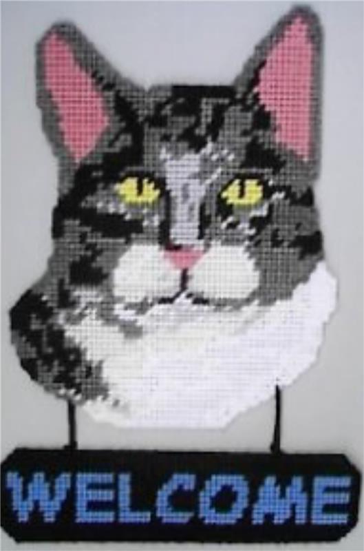 "Grey Tabby Cat Welcome Sign"