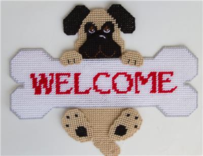 "Pug and Bone Welcome Sign" | Plastic Canvas Pattern